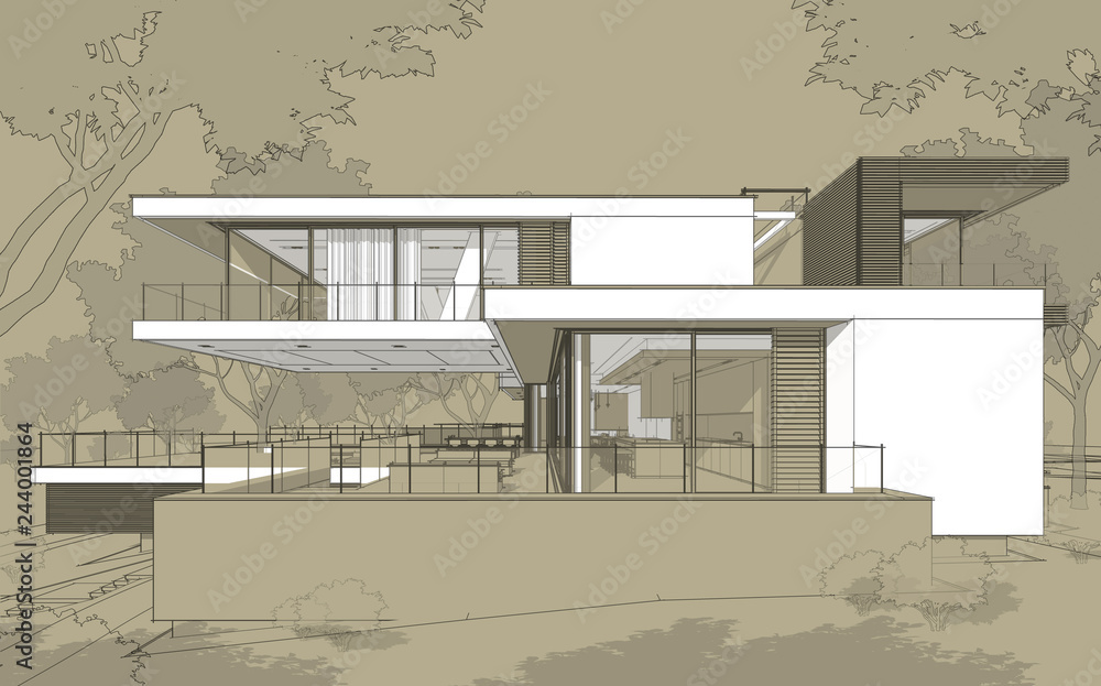 3d rendering sketch of modern cozy house with garage for sale or rent ...