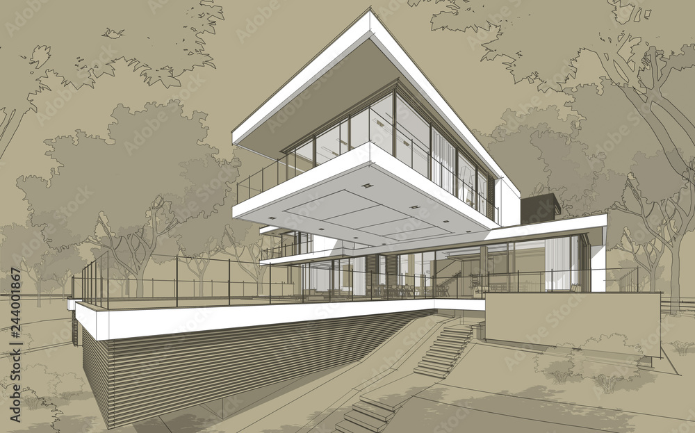 3d rendering sketch of modern cozy house with garage for sale or rent ...