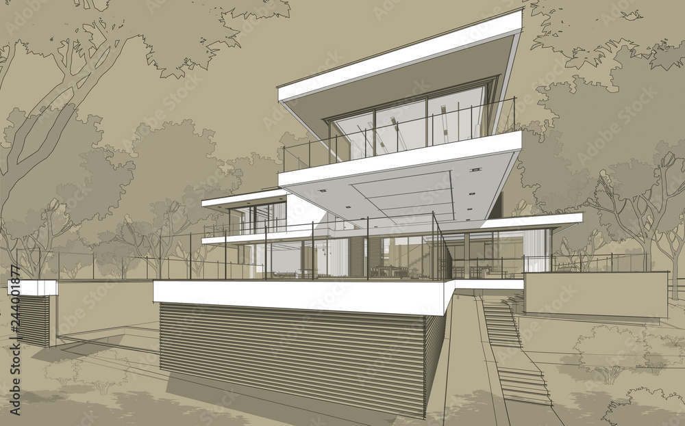 3d rendering sketch of modern cozy house with garage for sale or rent ...