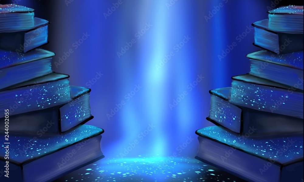 Fantasy with books, magic light, books, tree of knowledge. Magical ...