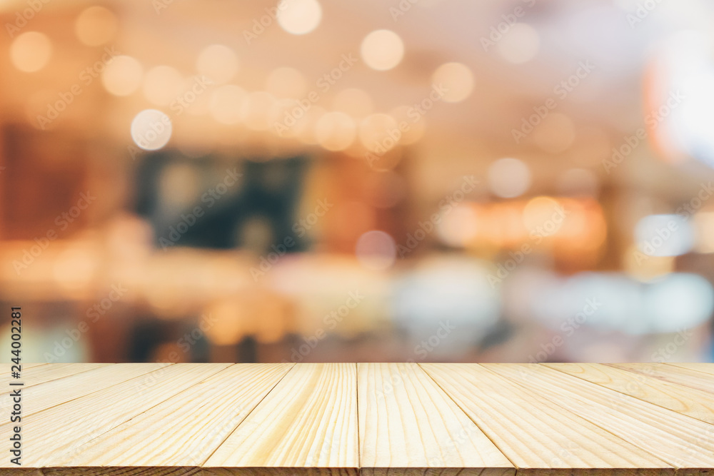 Cafe Restaurant interior with customer and wood table blur abstract ...