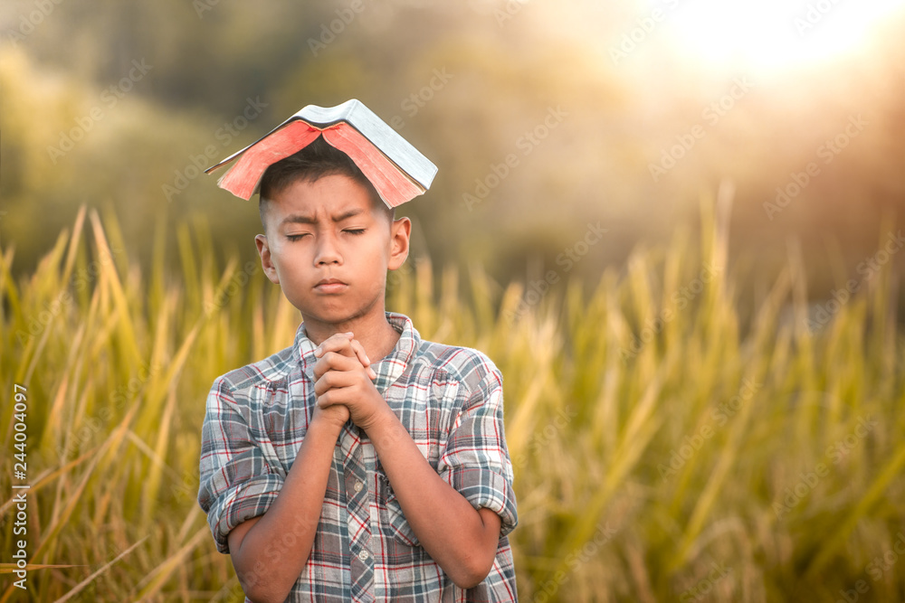 Boy standing and praying in rice field with bible on head. young ...
