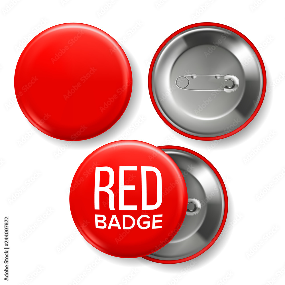 Red Badge Mockup Vector. Pin Brooch Red Button Blank. Two Sides. Front ...