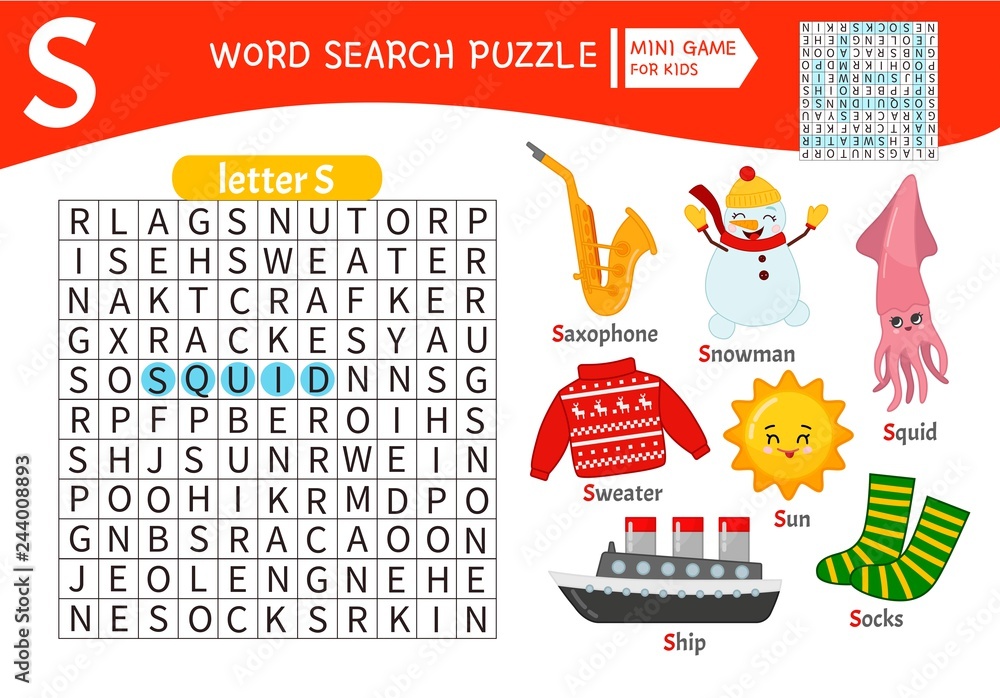 Words puzzle children educational game. Learning vocabulary. Letter S ...