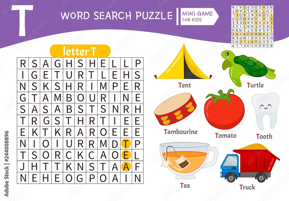 Words puzzle children educational game. Learning vocabulary. Letter T ...