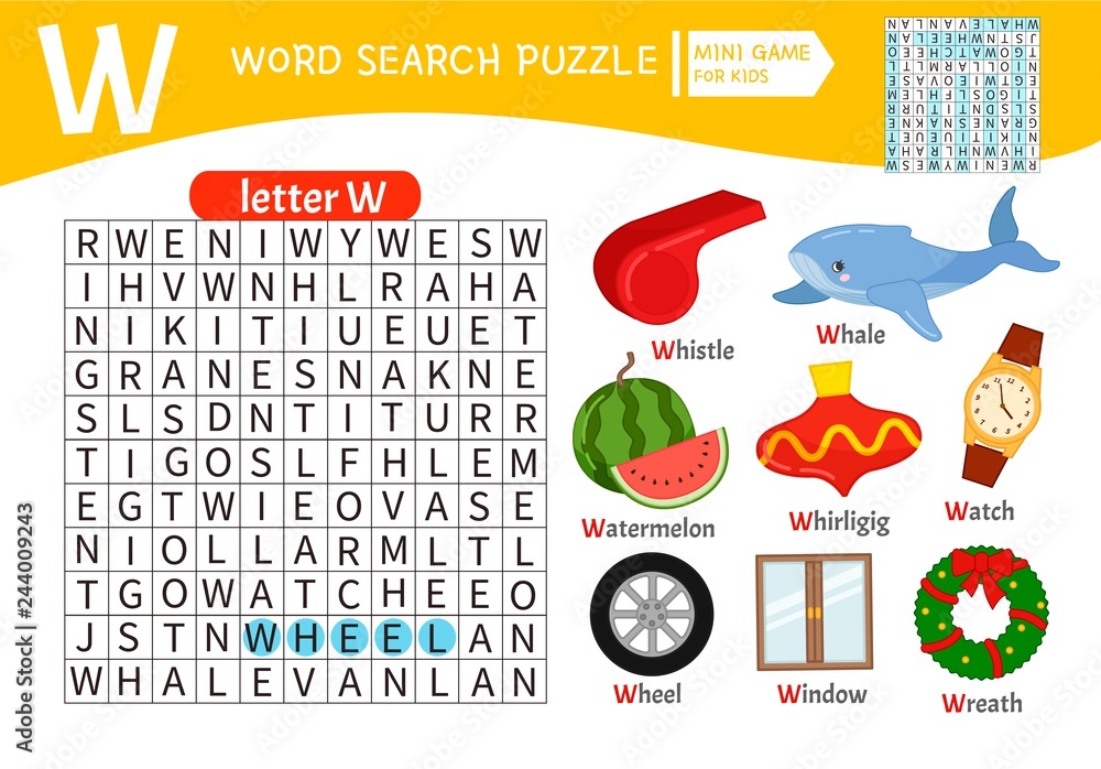 Words puzzle children educational game. Learning vocabulary. Letter W ...