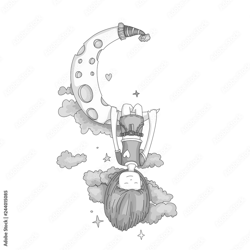 Colorless a little girl sleeping and dreaming, hanging on a crescent ...