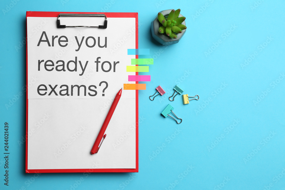 Clipboard with text ARE YOU READY FOR EXAMS? on color background Stock ...