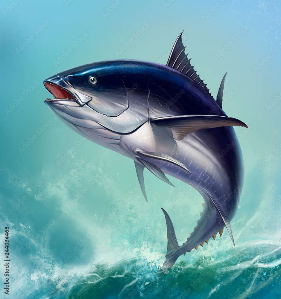 Tuna fish in fast motion Realistic. Black fin tuna blue on the ...