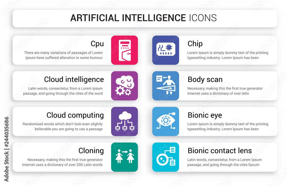 Set of 8 white artificial intelligence icons such as Cpu, Cloud ...