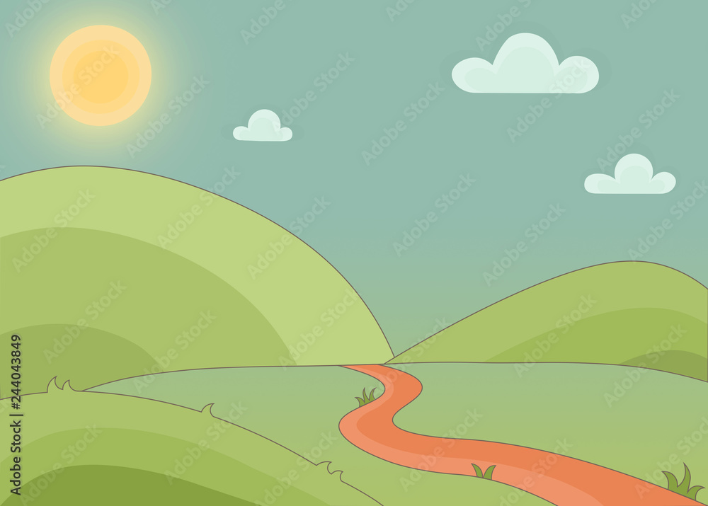 Drawn cartoon landscape with hills, footpath, sun and cute clouds ...