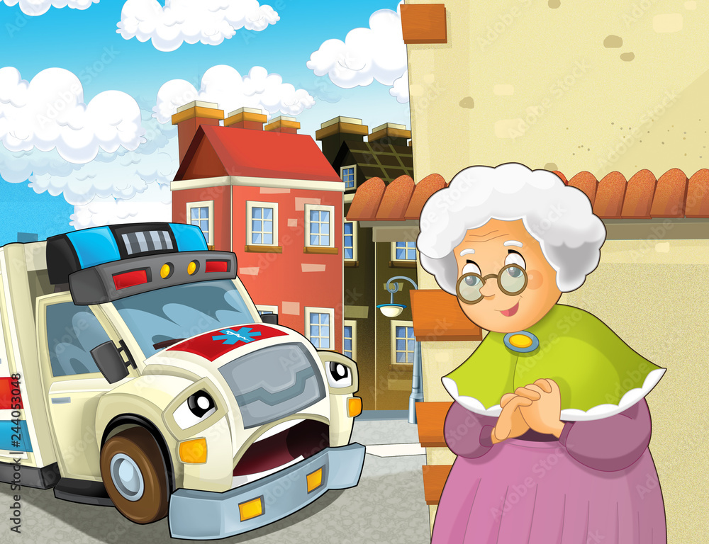 cartoon scene with older lady not feeling well and ambulance coming to ...
