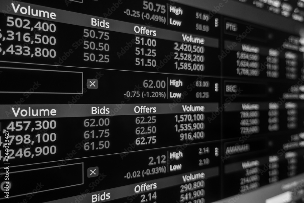 Stock exchange market in black and white on LED screen. Finance and ...