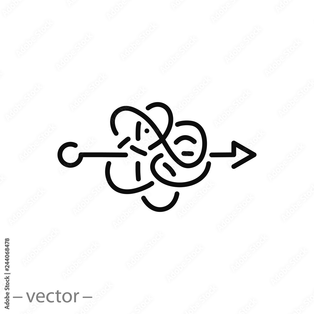 difficult confused process icon, knot or tangle linear sign on white ...