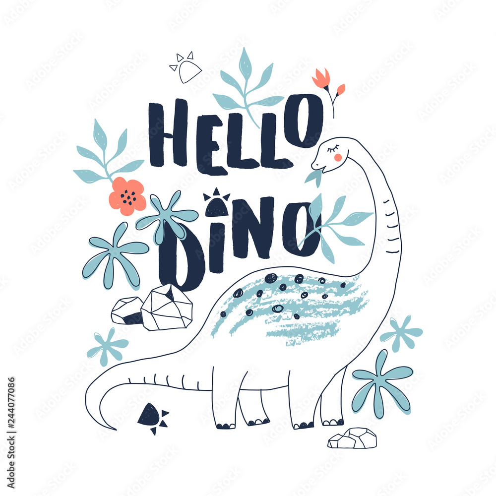 Cute Dinosaur hand drawn summer typographic vector illustration. Hello ...
