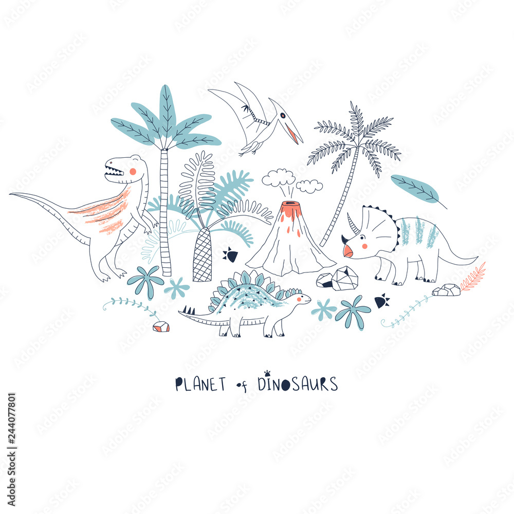 Cute Dino hand drawn summer vector illustration. Planet of dinosaurs ...