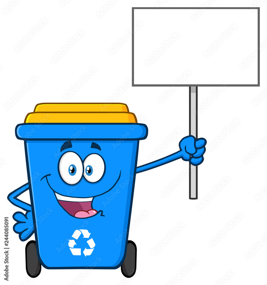 Blue Recycle Bin Cartoon Mascot Character Holding Up A Recycle Sign ...