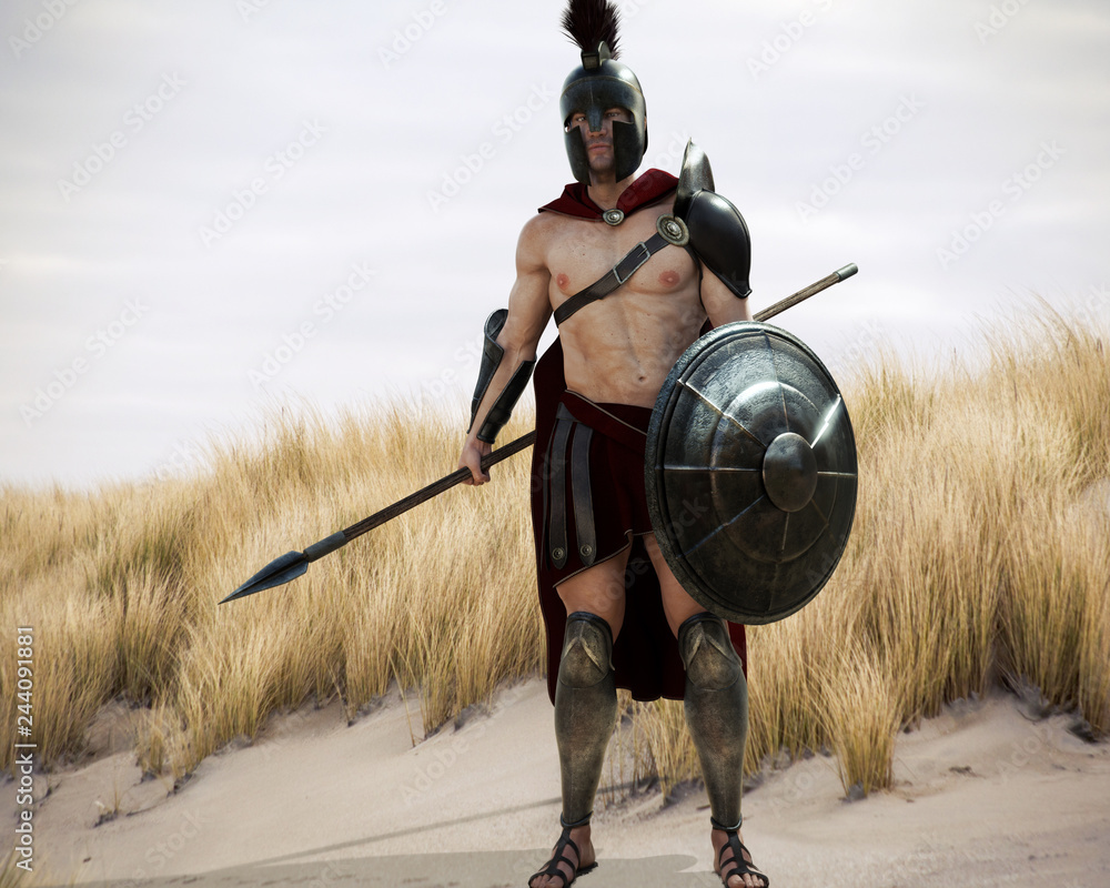 Portrait of a battle hardened Greek Spartan Male warrior equipped with ...