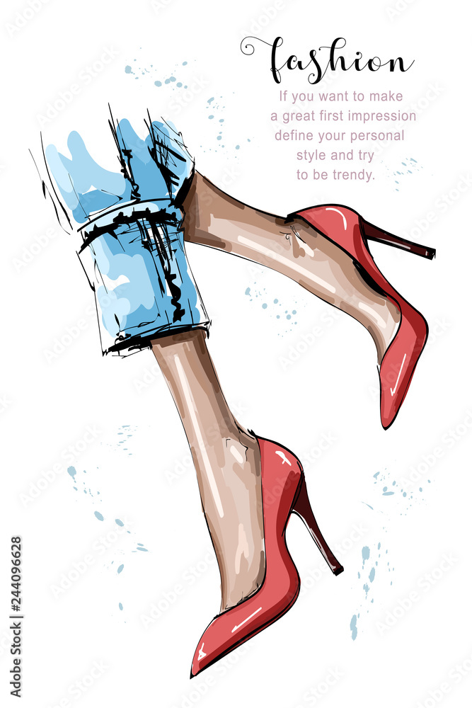 Hand drawn beautiful female legs. Stylish women red shoes. Sketch ...