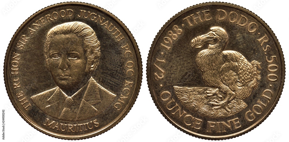 Mauritius Mauritian golden coin 500 five hundred rupees 1988, bust of ...