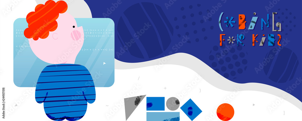 Cute boy is coding with laptop. Children coding and code training ...