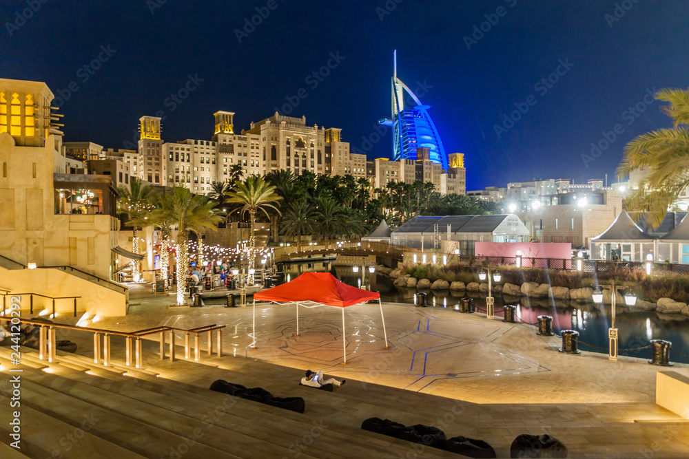Night view of Burj Al Arab (Tower of the Arabs) seen from Madinat ...