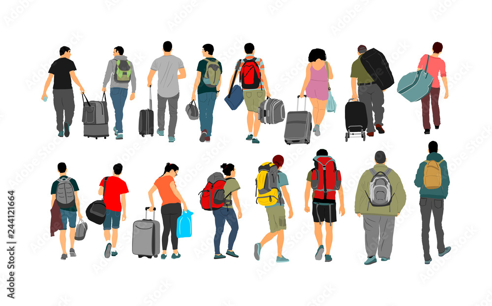 Passengers with luggage walking at airport vector. Travelers with bags ...