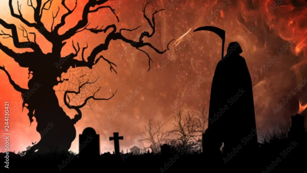 Haunting Smoke with Death 4K features a graveyard with an orange sunset ...