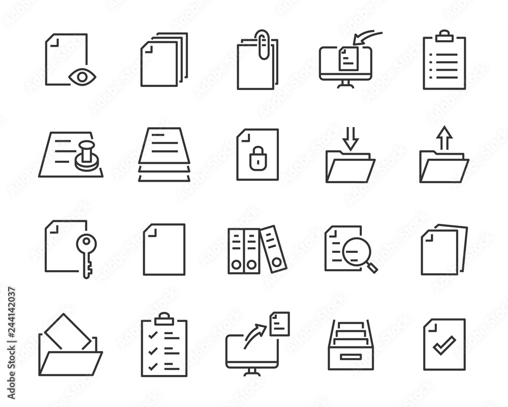 set of document icons, such as files, checkmark, find, search, paper ...