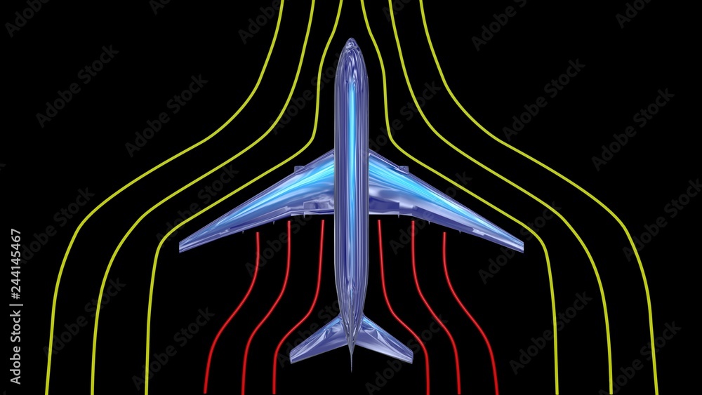 Air flow around airplane body. 3d render wind tunnel design concept ...