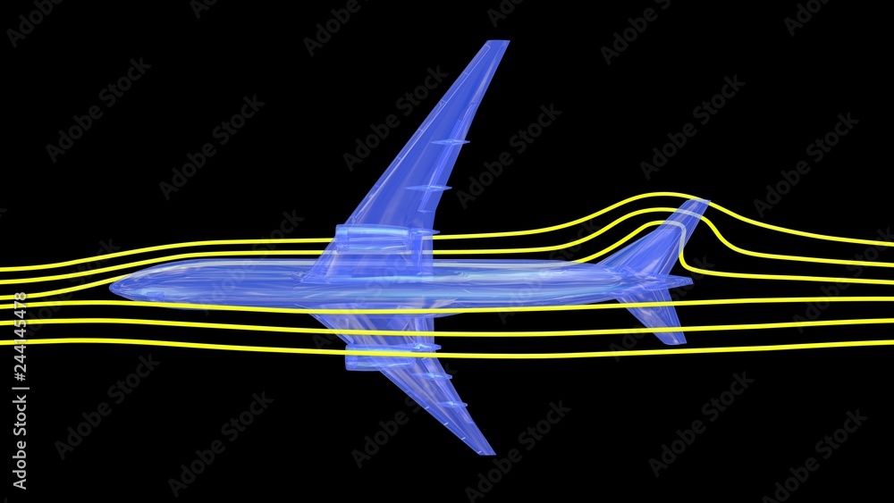 Air flow around airplane body. 3d render wind tunnel design concept ...