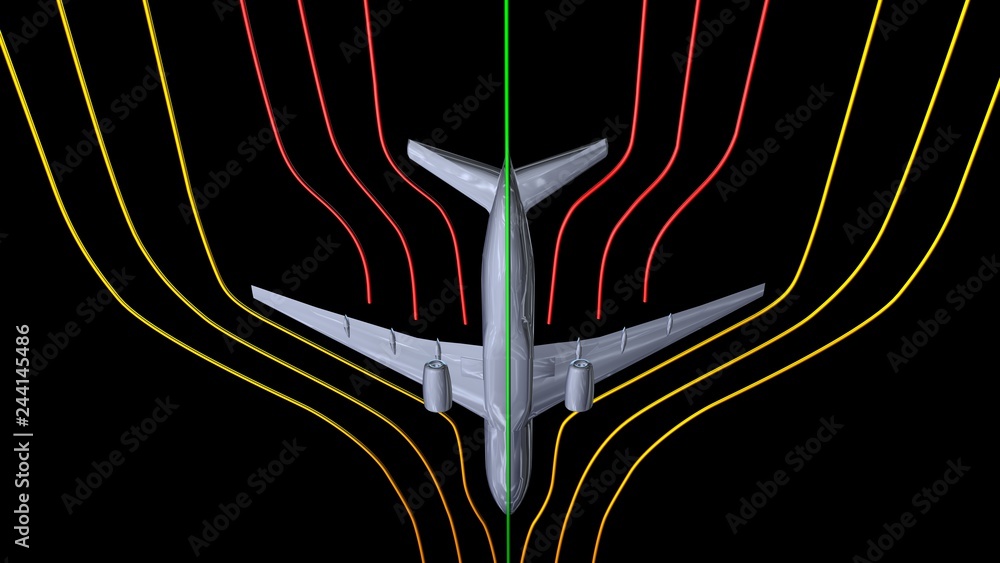Air flow around airplane body. 3d render wind tunnel design concept ...