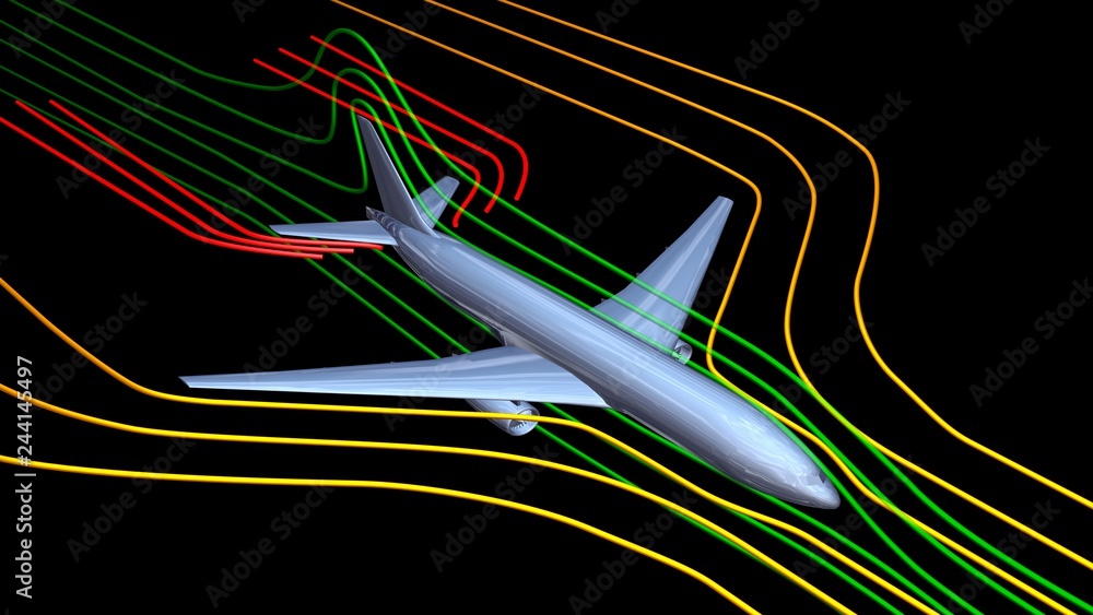 Air flow around airplane body. 3d render wind tunnel design concept ...