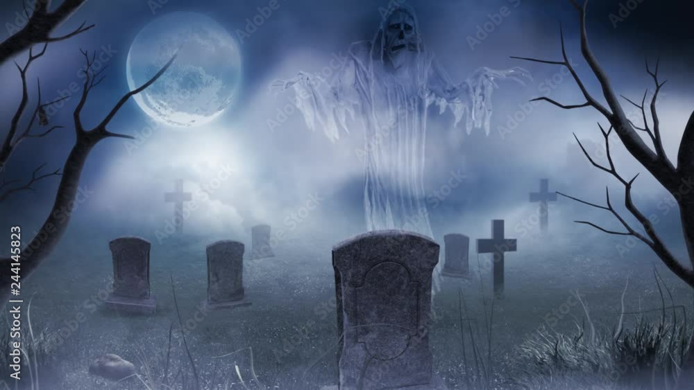 Ghostly Graveyard in the Moonlight 4K features a ghost floating in a ...