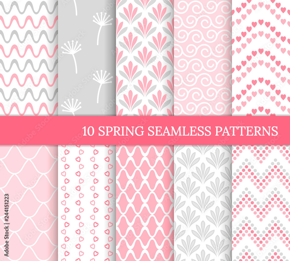 Ten spring seamless patterns. Romantic pink backgrounds for Valentine's ...