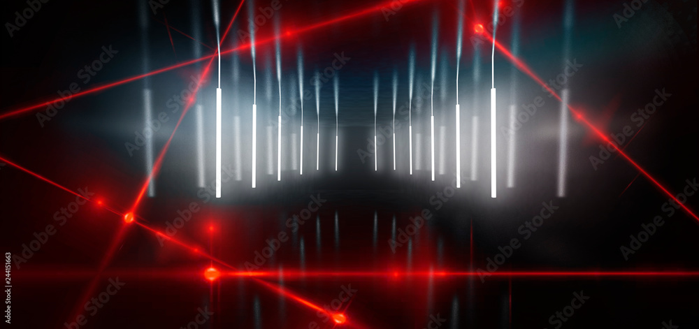 Dark room, a tunnel, a corridor with rays of light and a red laser beam ...