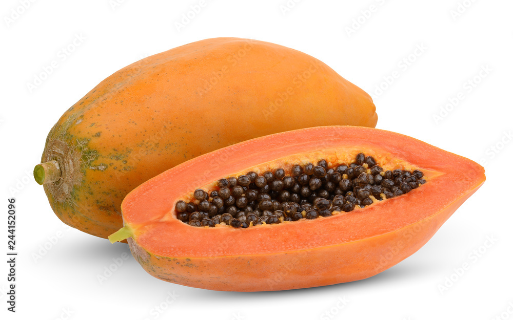 whole and half ripe papaya isolated on white background Stock Photo ...