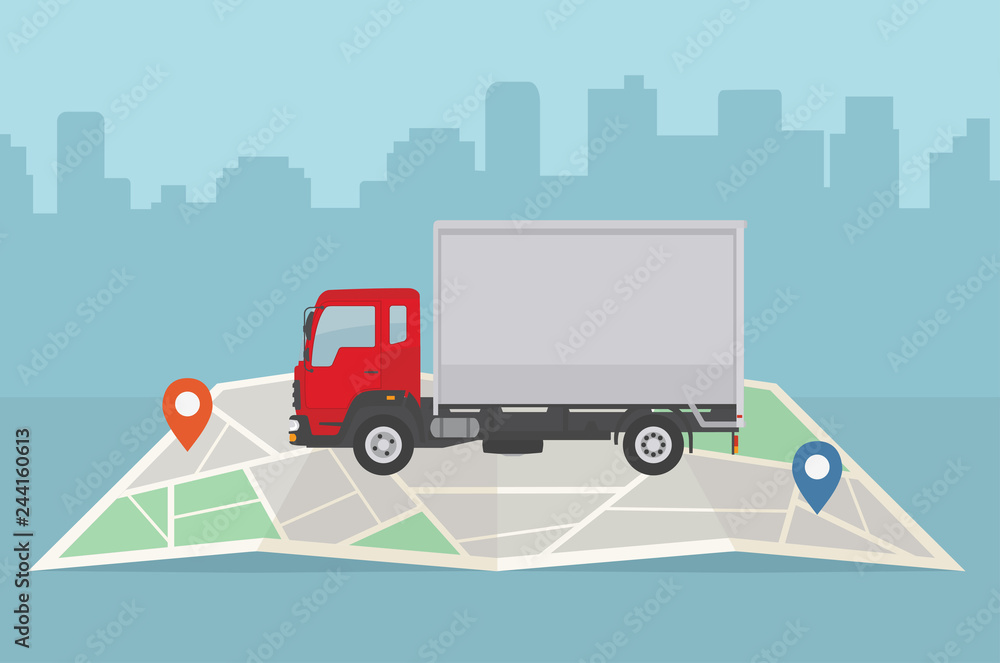 Delivery truck and map on city background. Transport services ...
