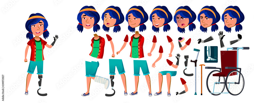 Asian Girl Vector. School Child. Animation Creation Set. Face Emotions ...