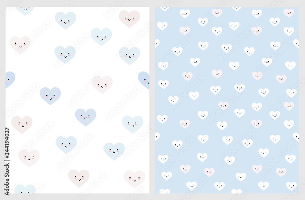 Cute White and Blue Smiling Hearts Vector Patterns. Lovely Kawaii ...