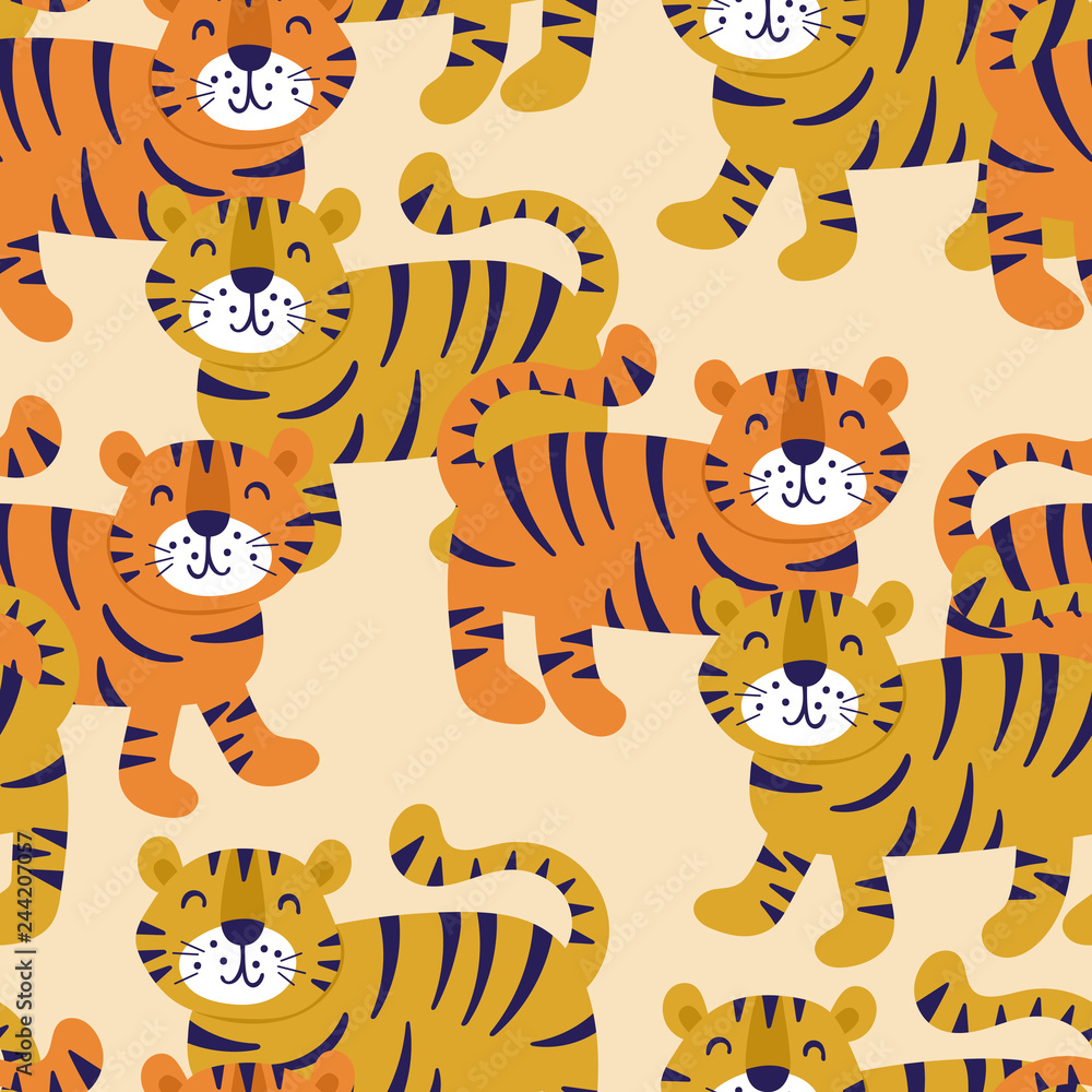 Seamless pattern with cute tiger character. Stock Vector | Adobe Stock