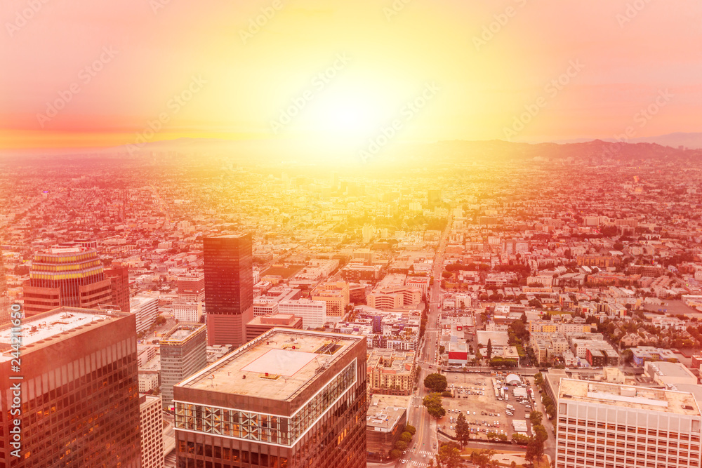Aerial view of Los Angeles skyline at top view of Oue Skyspace in ...