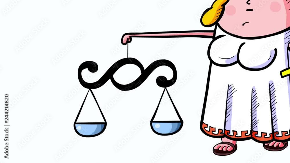 Cartoon Themis walking with paragraph scales and big sword. Law and ...