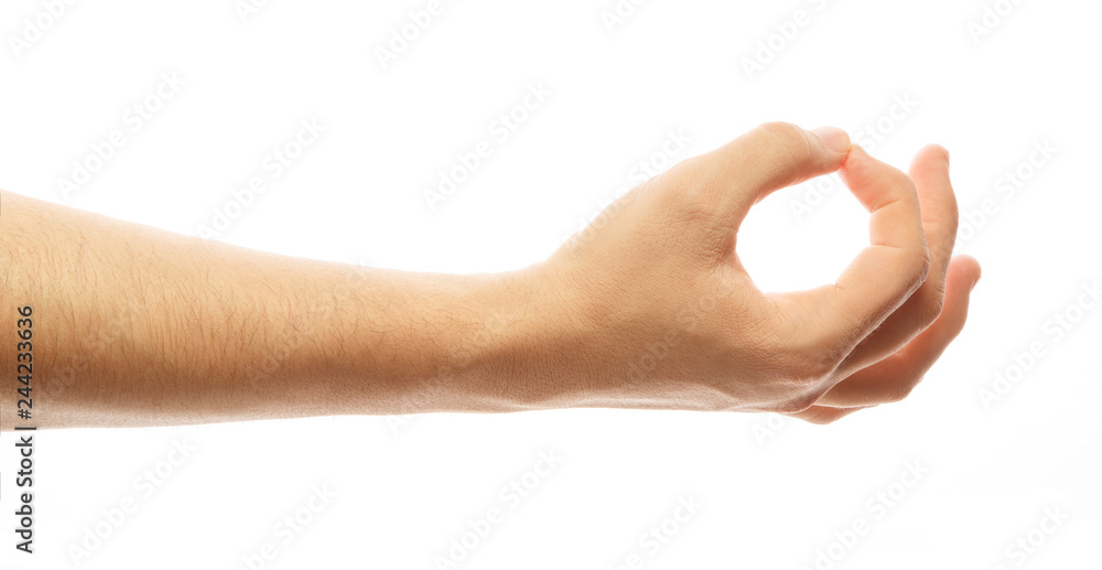 Male hand show OK sign, isolated with clipping path on white background ...