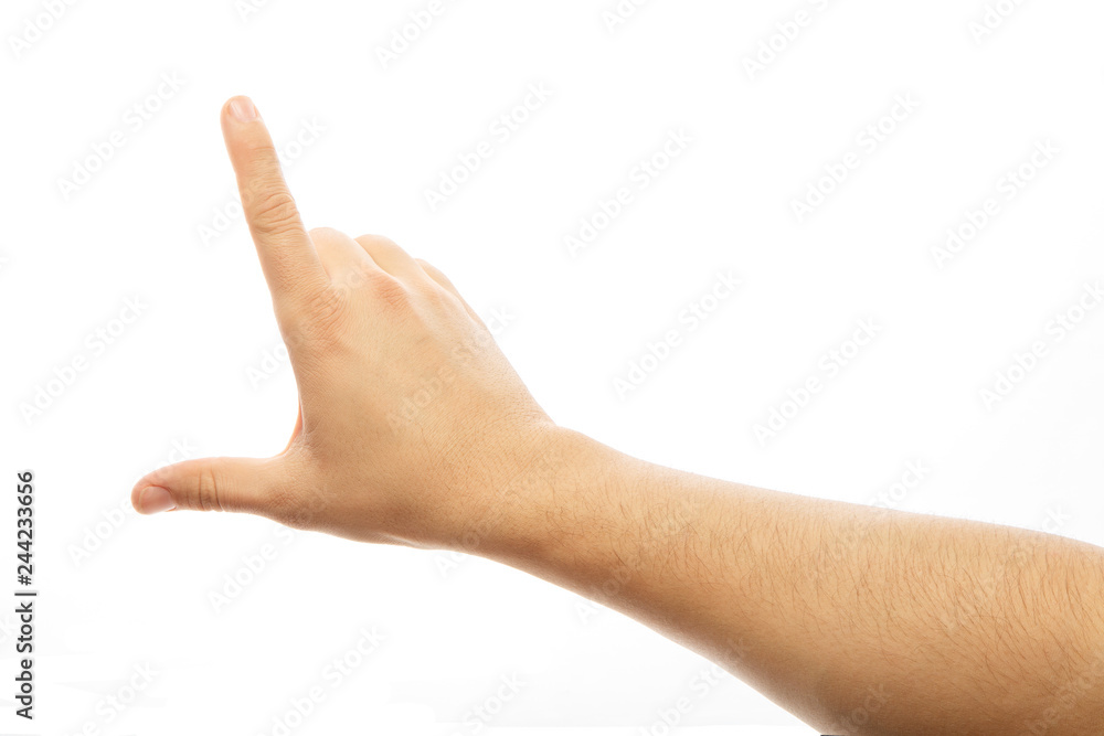 Gesture male hand with two fingers rear view isolated on white ...