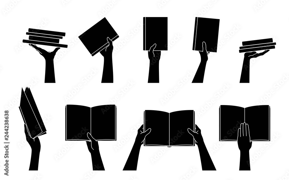 Hand collection. Hand holding book. Black silhouette Stock Vector ...
