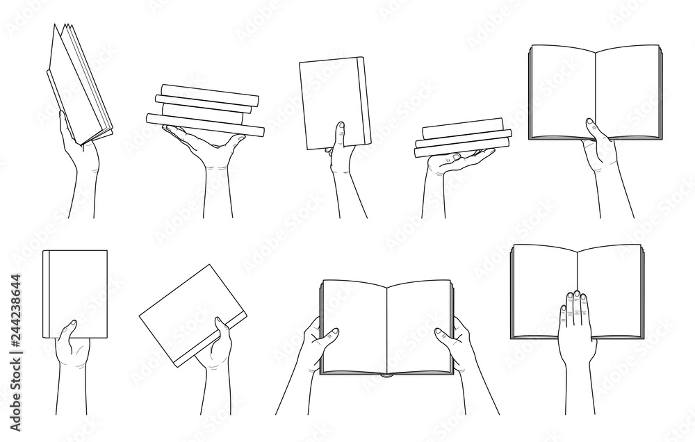 and collection. Hand holding book. Different hand gestures Stock Vector ...