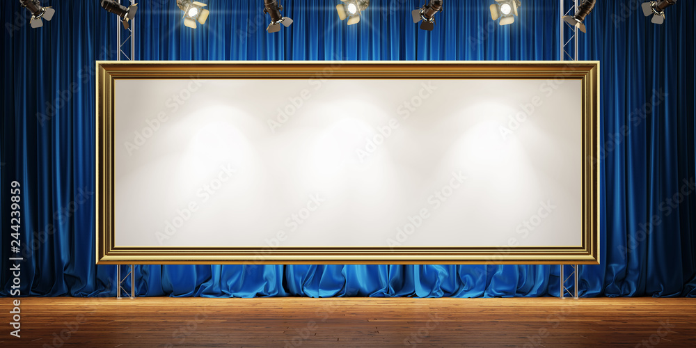 Large picture frame on the theater stage with blue velvet curtains ...