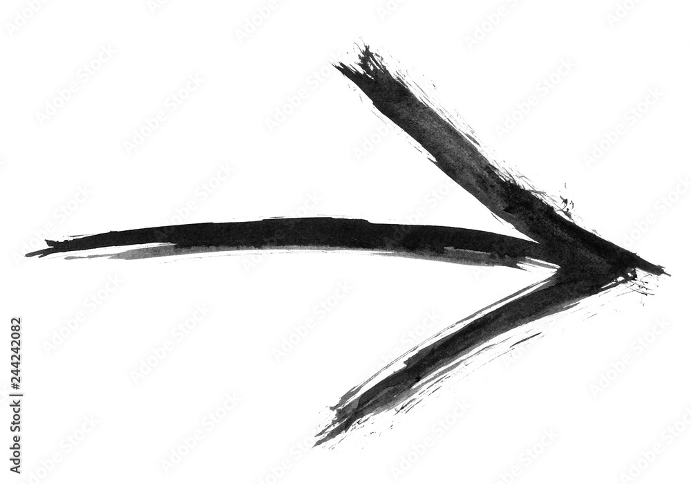 Black arrow sign has drawn by watercolor paint brush stroke and has a ...