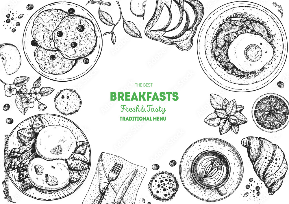 Breakfasts top view frame. Morning food menu design. Breakfast and ...